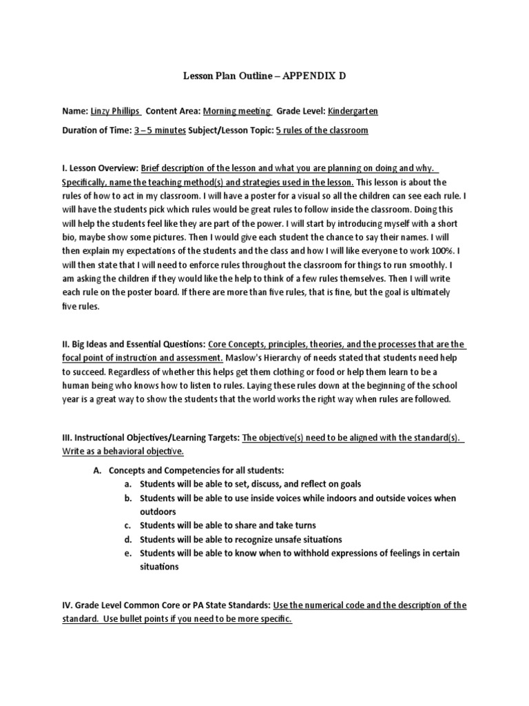 Lesson Plan Outline - APPENDIX D | PDF | Lesson Plan | Cognitive Science