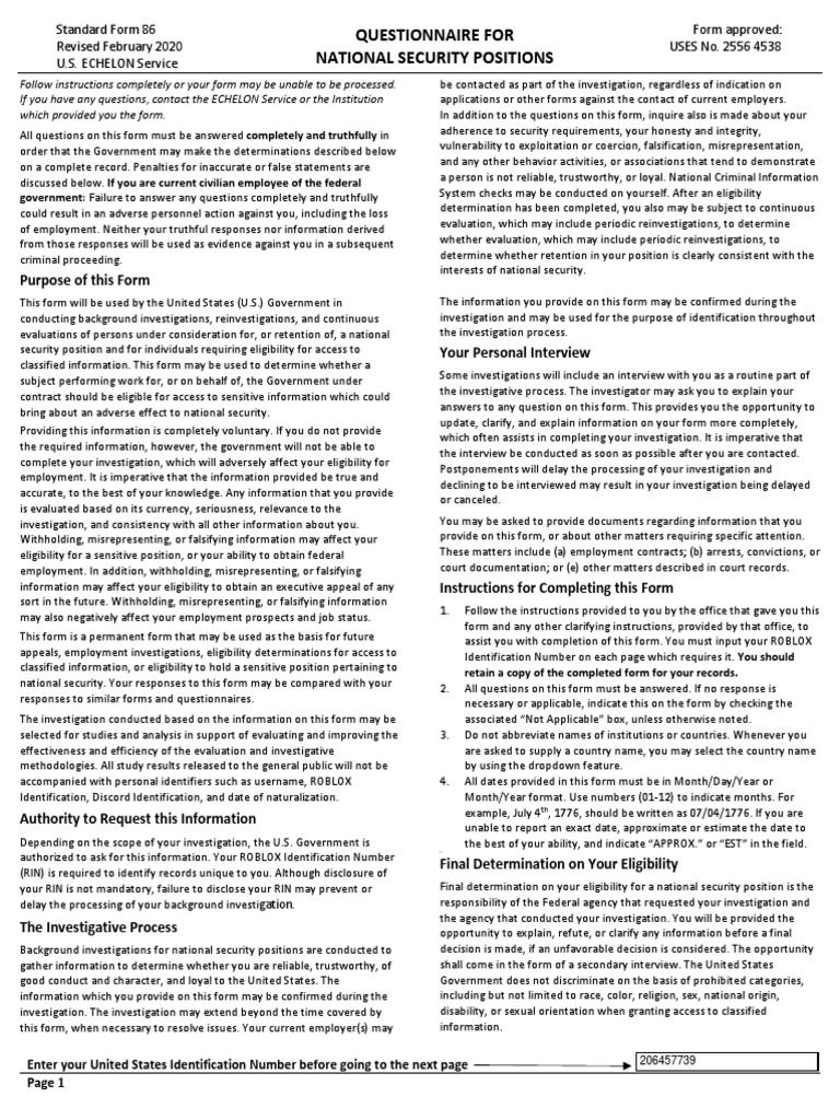Questionnaire For National Security Positions: Purpose of This Form ...