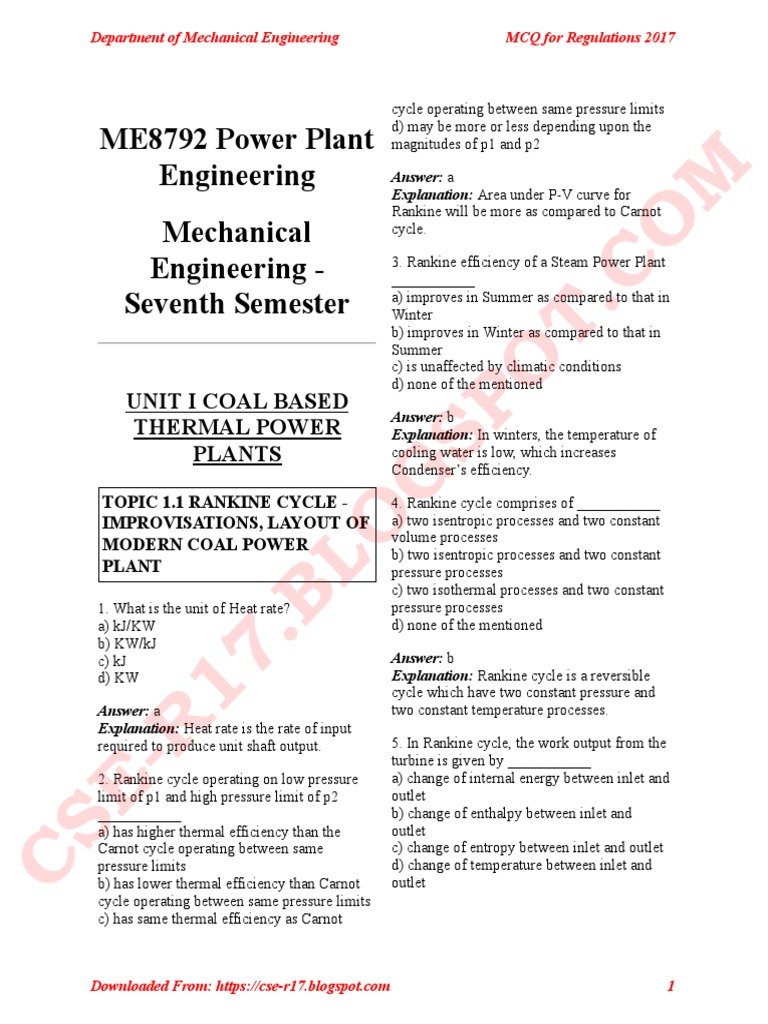 ME8792 - Power Plant Engineering MCQ | PDF | Boiler | Power Station