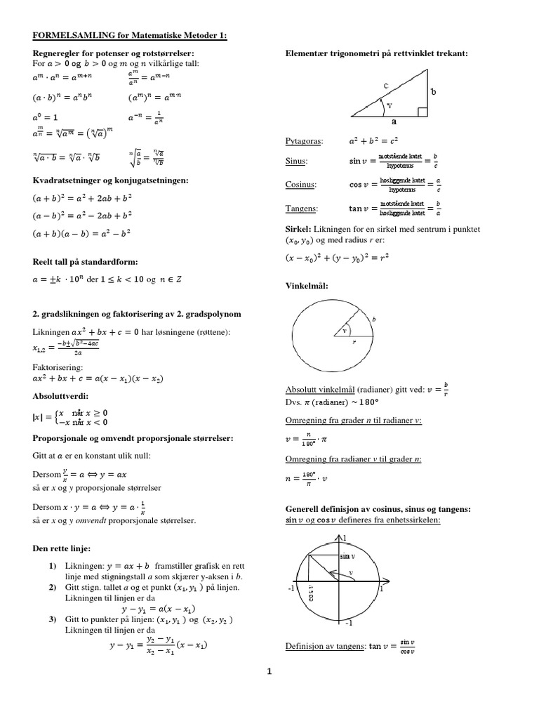 Formelsamling For Matematiske Metoder 1 - 2019 - Versjon - 15nov | PDF