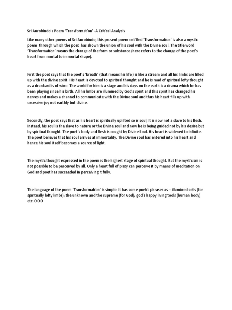 Critical Analysis of Aurobindo's "Transformation" | PDF | Poetry