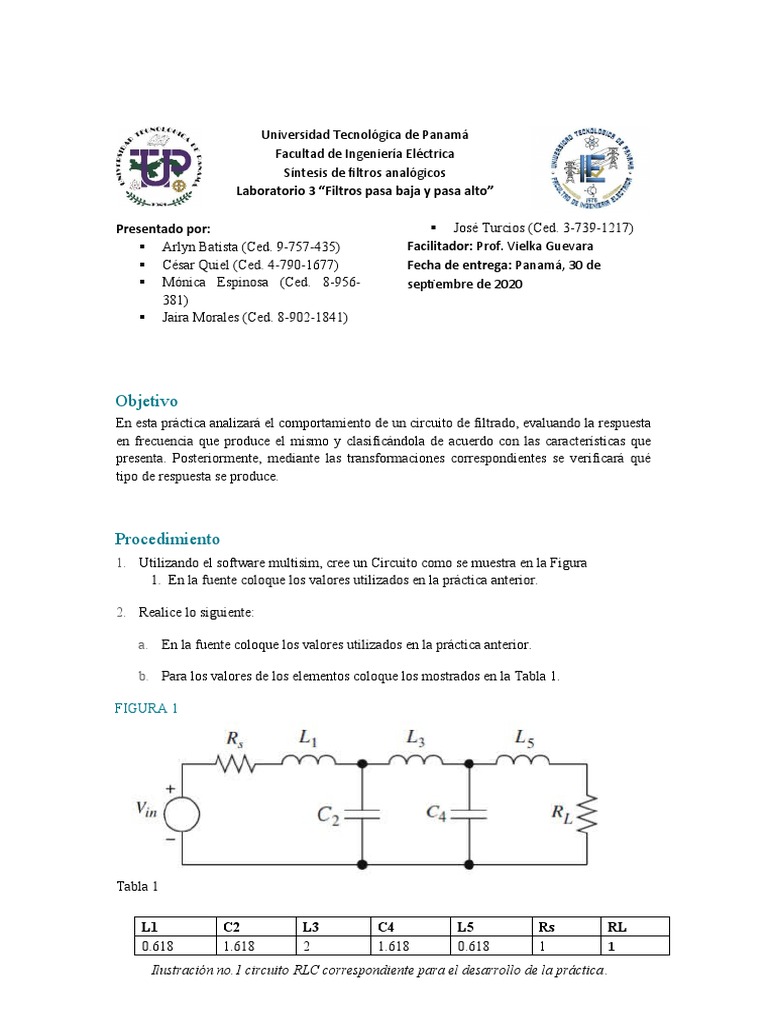 Práct3 Batista Espinosa Morales Quiel Turcios | PDF | Filtro electronico | Ingenieria Eléctrica