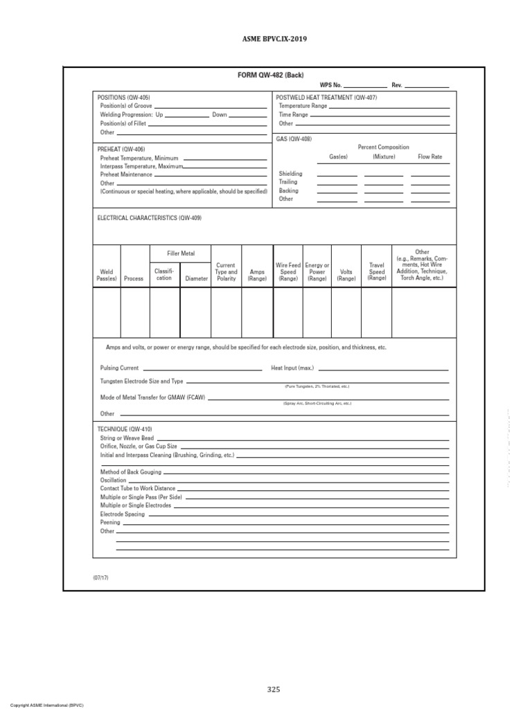 FORM QW-482 (Back) : ASME BPVC - IX-2019 | PDF | Metals | Electricity
