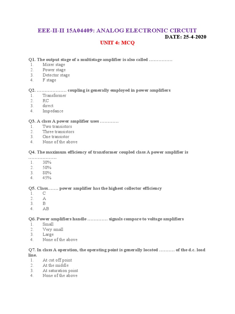 Aec Unit 4 MCQ | PDF | Amplifier | Electrical Circuits