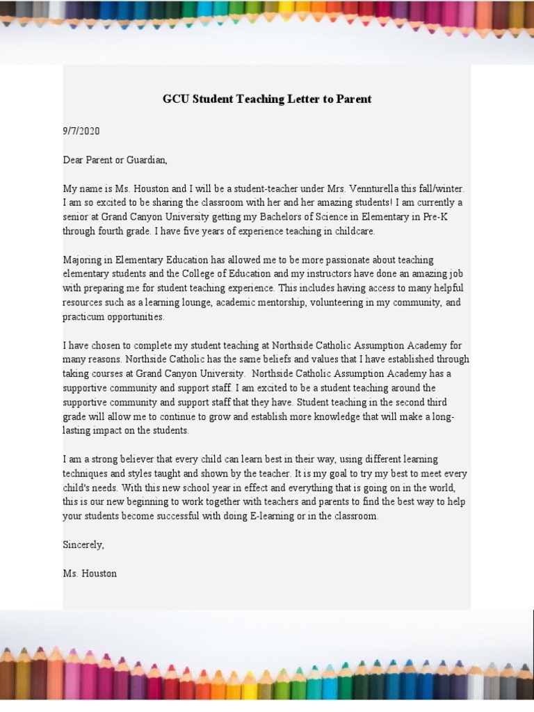 Gcu Student Teaching Letter To Parent | PDF