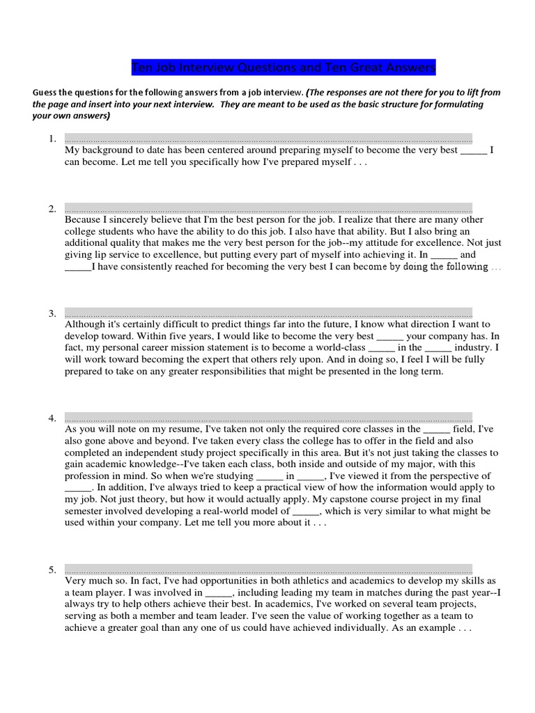 Ten Job Interview Answers | PDF | Job Interview | Behavioural Sciences