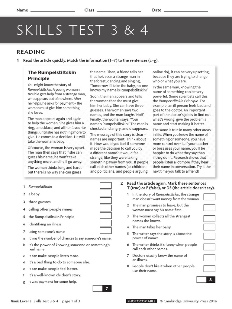 Think L3 Skills Test Units 3-4 PDF | PDF | Test (Assessment)