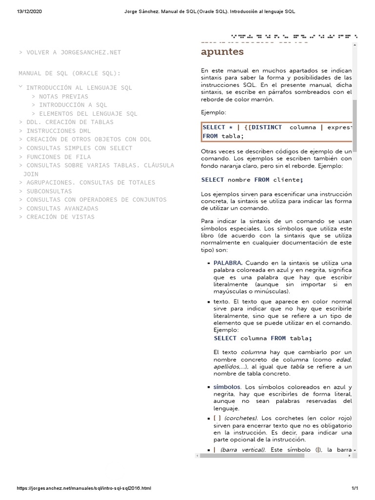 Jorge Sánchez. Manual de SQL (Oracle SQL) - Introducción Al Lenguaje SQL PDF | PDF | SQL ...