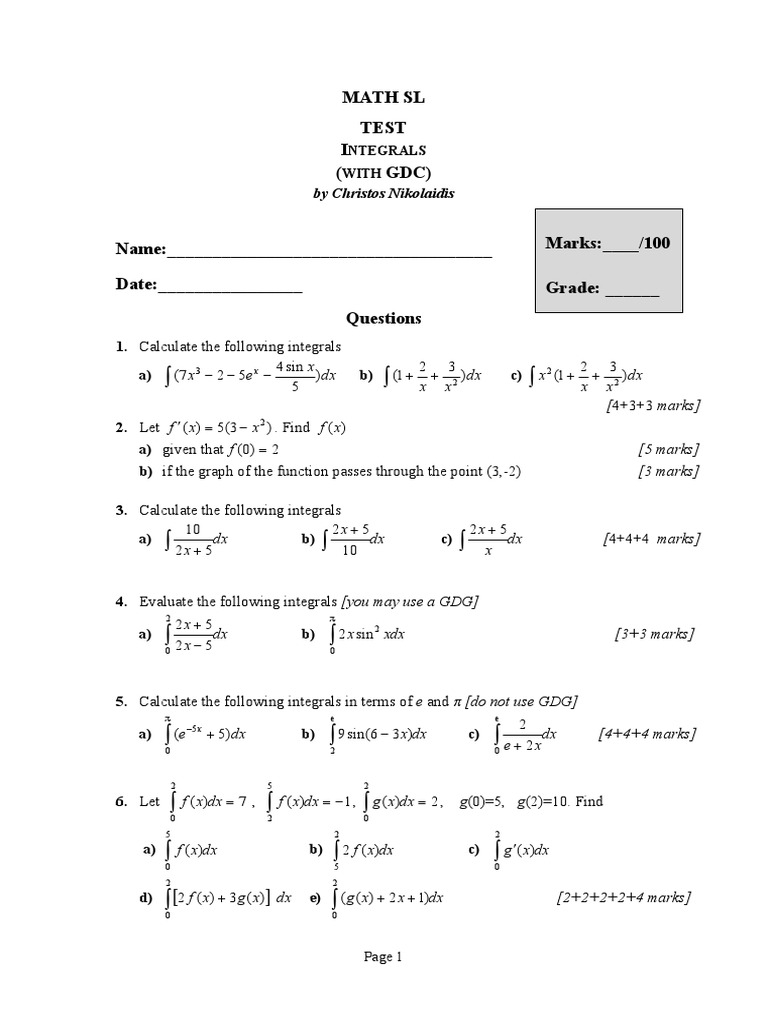 Analysis of Integrals on a Math SL Test Covering Definite Integrals ...