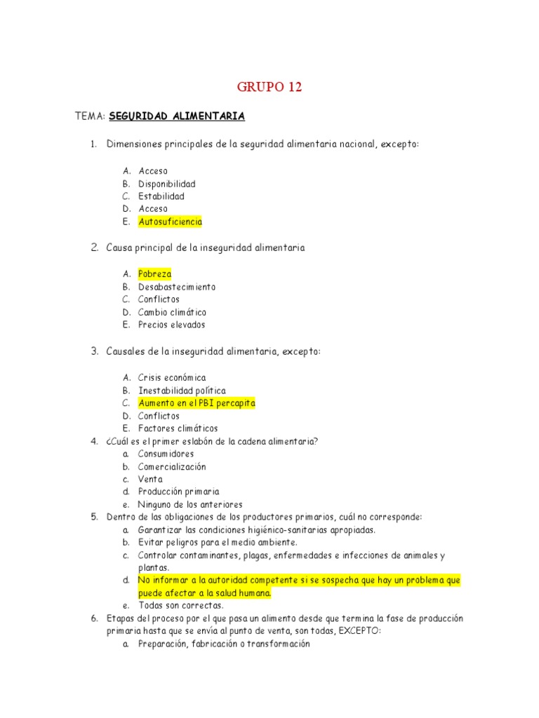 Grupo 12 Cuestionario - Seguridad Alimentaria | PDF | Seguridad alimenticia | Alimentos