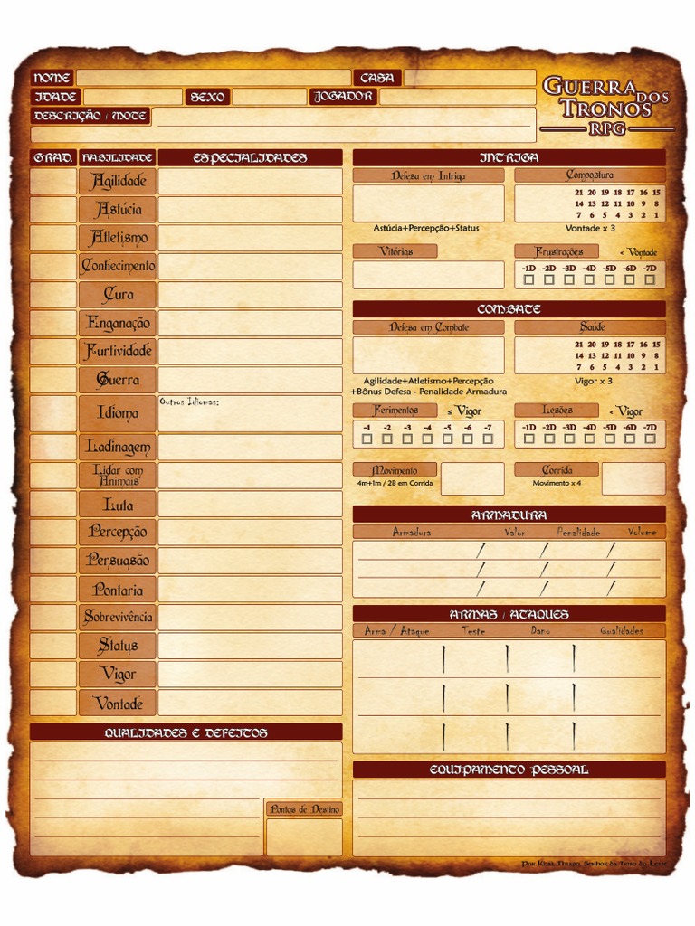 Guerra Dos Tronos RPG Ficha de Personagem V Khal Thiago Biblioteca Elfica PDF | PDF
