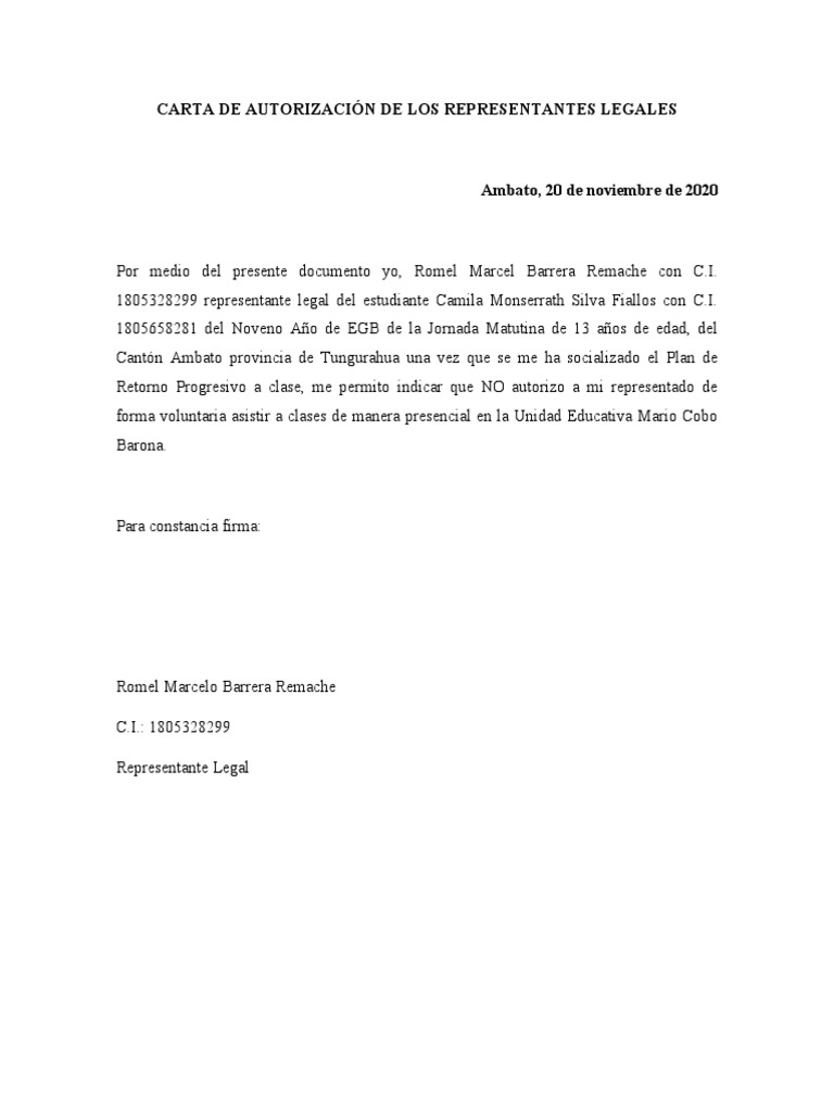 Carta de Autorización de Los Representantes Legales | PDF
