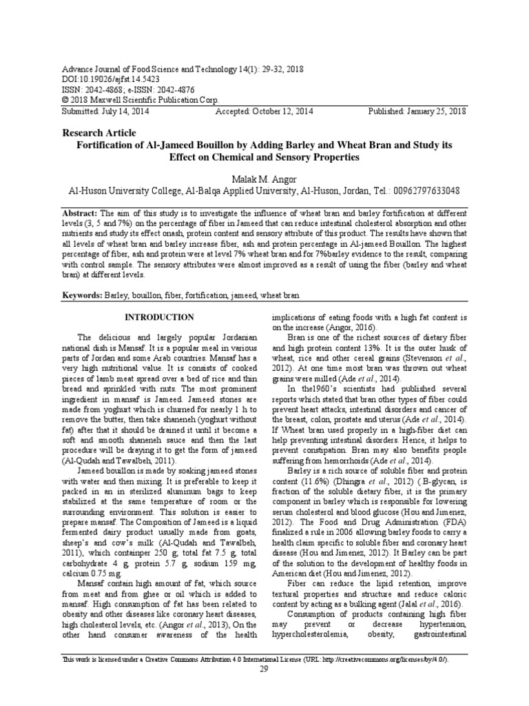 Fortification of Al-Jameed Bouillon by Adding Barley and Wheat Bran and ...