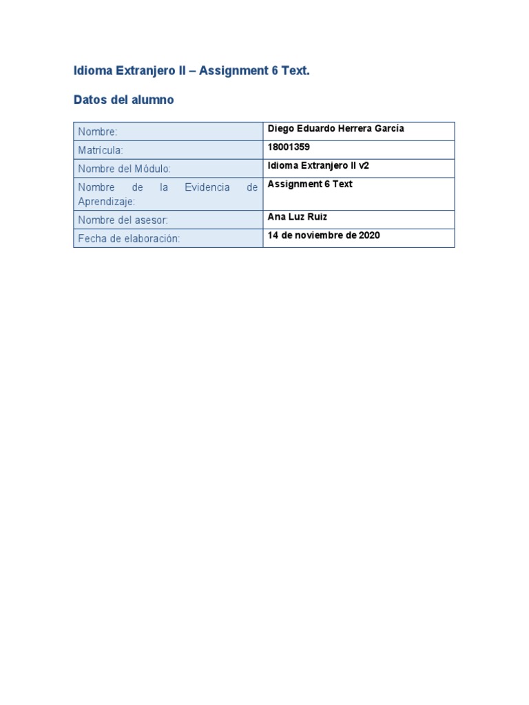 Idioma Extranjero II - Assignment 6 Text. Datos Del Alumno | PDF