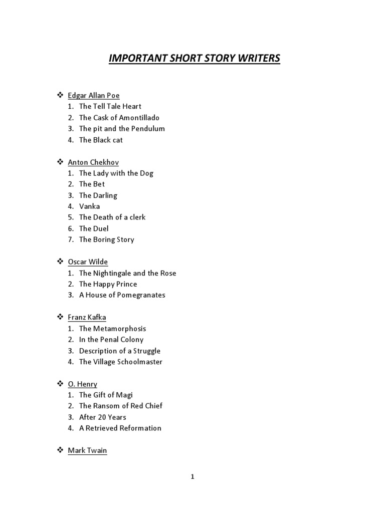Important Short Story Writers | PDF | Short Stories