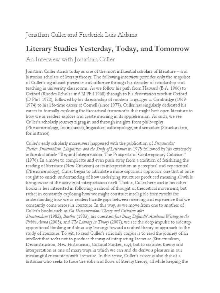 Literary Studies Yesterday, Today, and Tomorrow: Jonathan Culler and ...