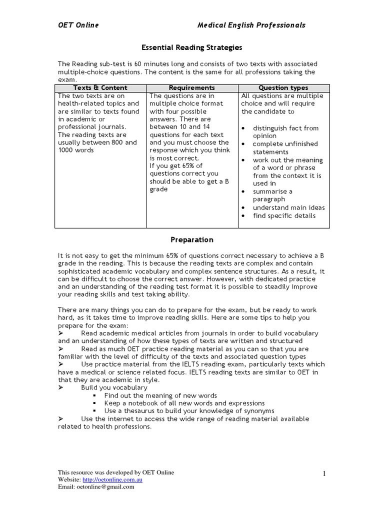 ERS OET Reading | PDF | Question | Test (Assessment)