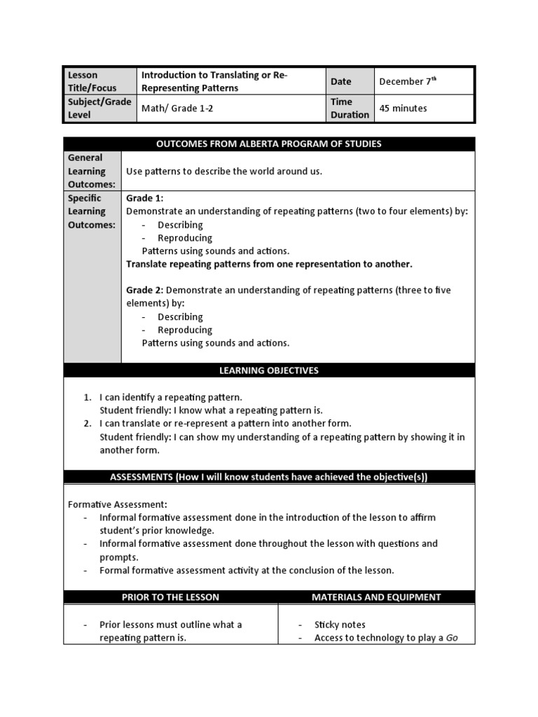 Translating Patterns in Grade 1-2 Math | PDF | Educational Assessment ...