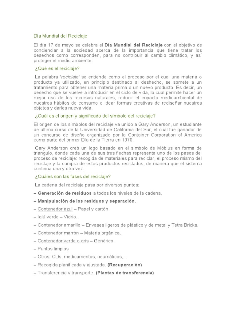 Importancia del Día Mundial del Reciclaje | PDF | Reciclaje | Economía ...