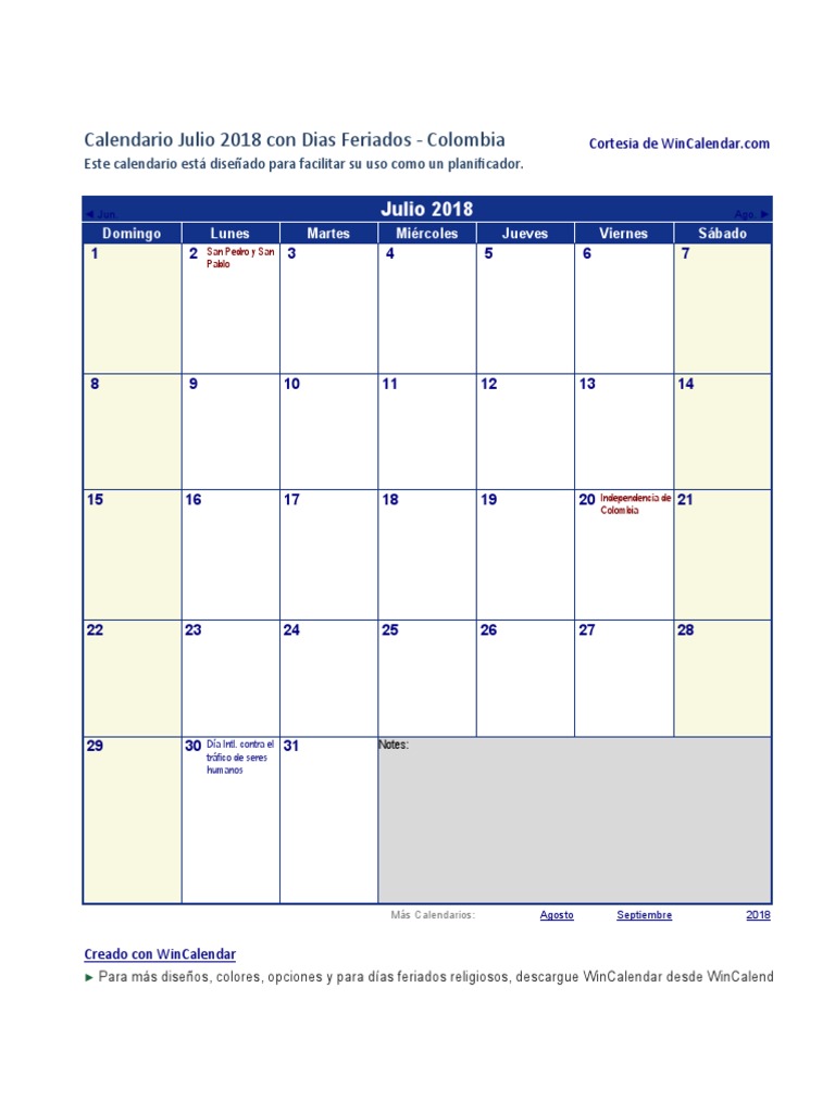 Calendario Julio 2018 | PDF