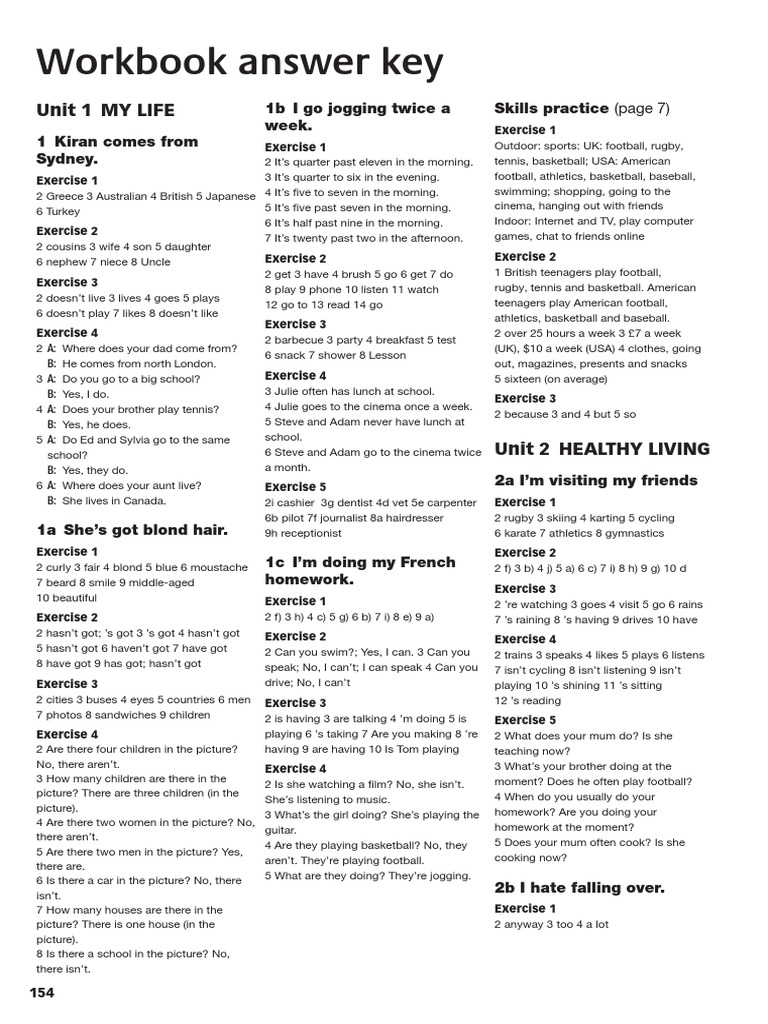 Workbook Answer Key: Unit 1 My Life | PDF | Foods | Sports