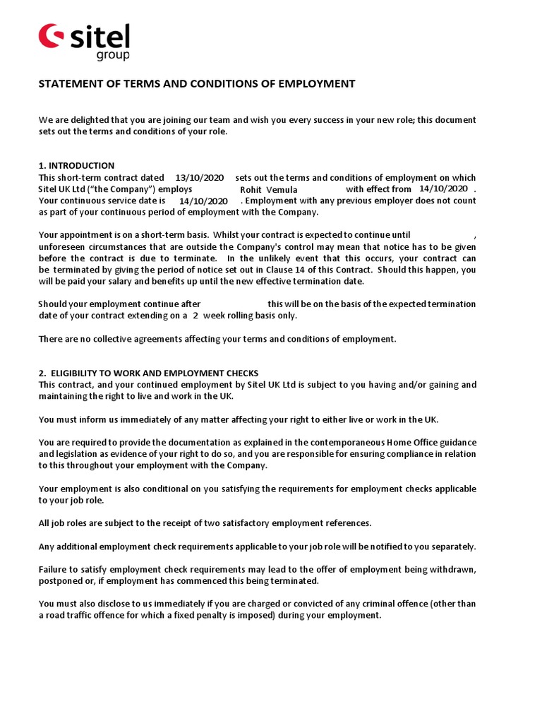 Sitel UKContractShortTermRolling 637381862692746279 | PDF | Information Privacy | Employment