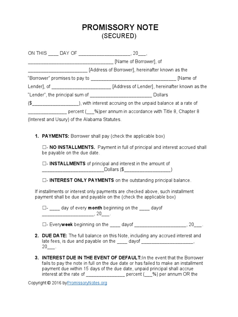 Promissory Note Secured Form | PDF | Interest | Debt