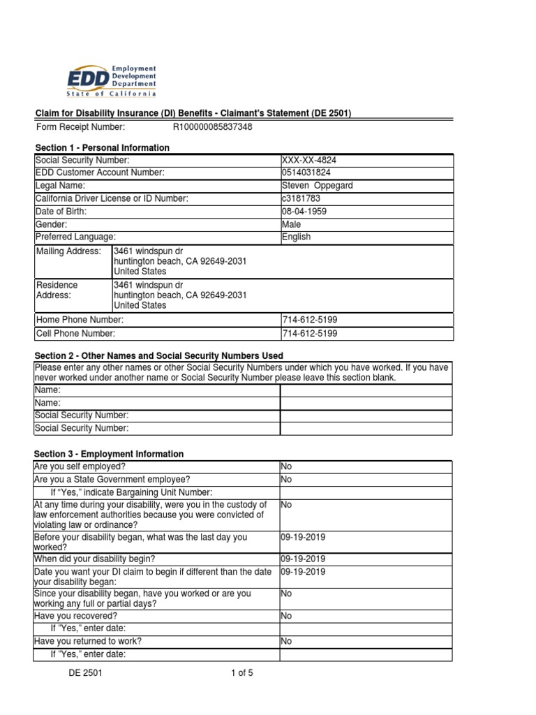 DE2501 (1) CA Disablity | PDF | Physician | Social Security (United States)