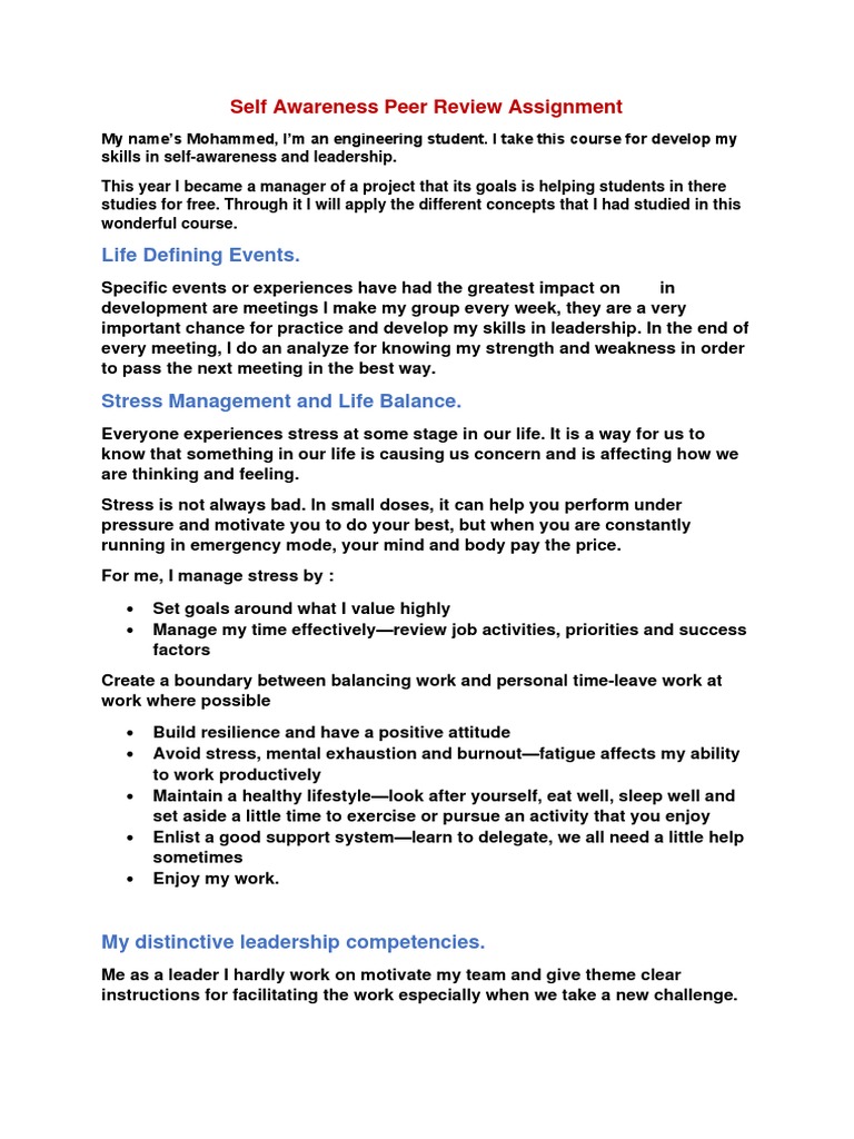 Self Awareness Peer Review Assignment - Copie | PDF | Self Awareness ...