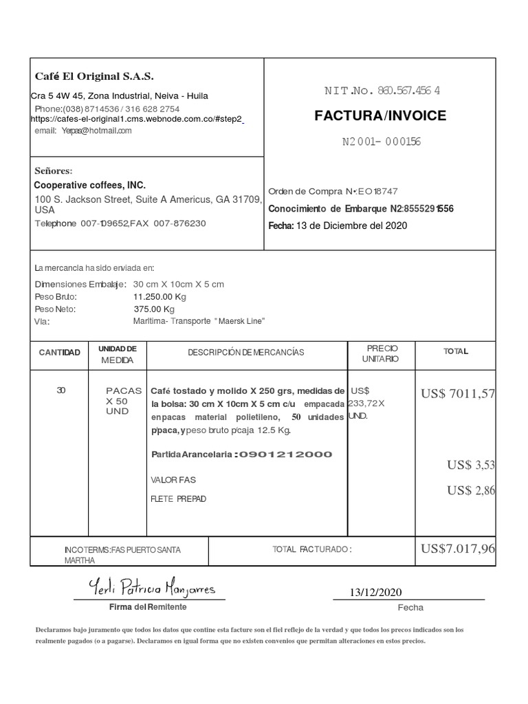 Modelo de Factura Comercial Commercial Invoice Llenada 1 638 PDF | PDF ...