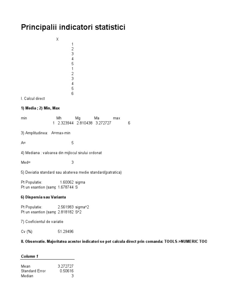 Principalii Indicatori Statistici: 1) Media 2) Min, Max | PDF ...