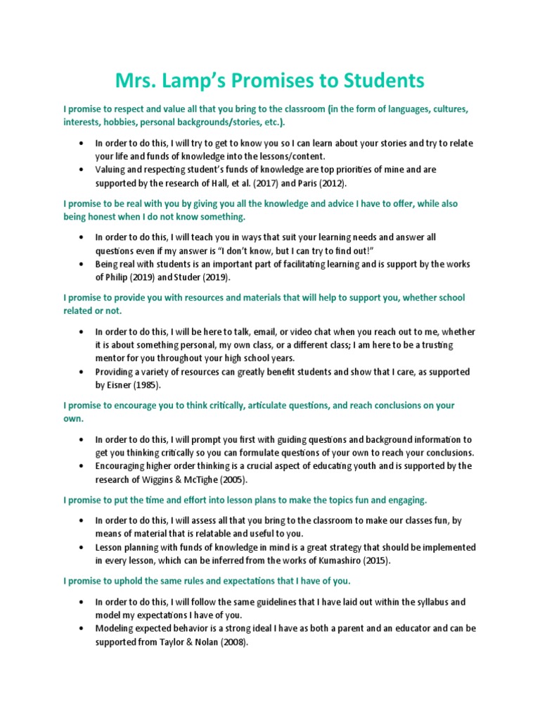 Promises To Students | PDF | Lesson Plan | Teaching