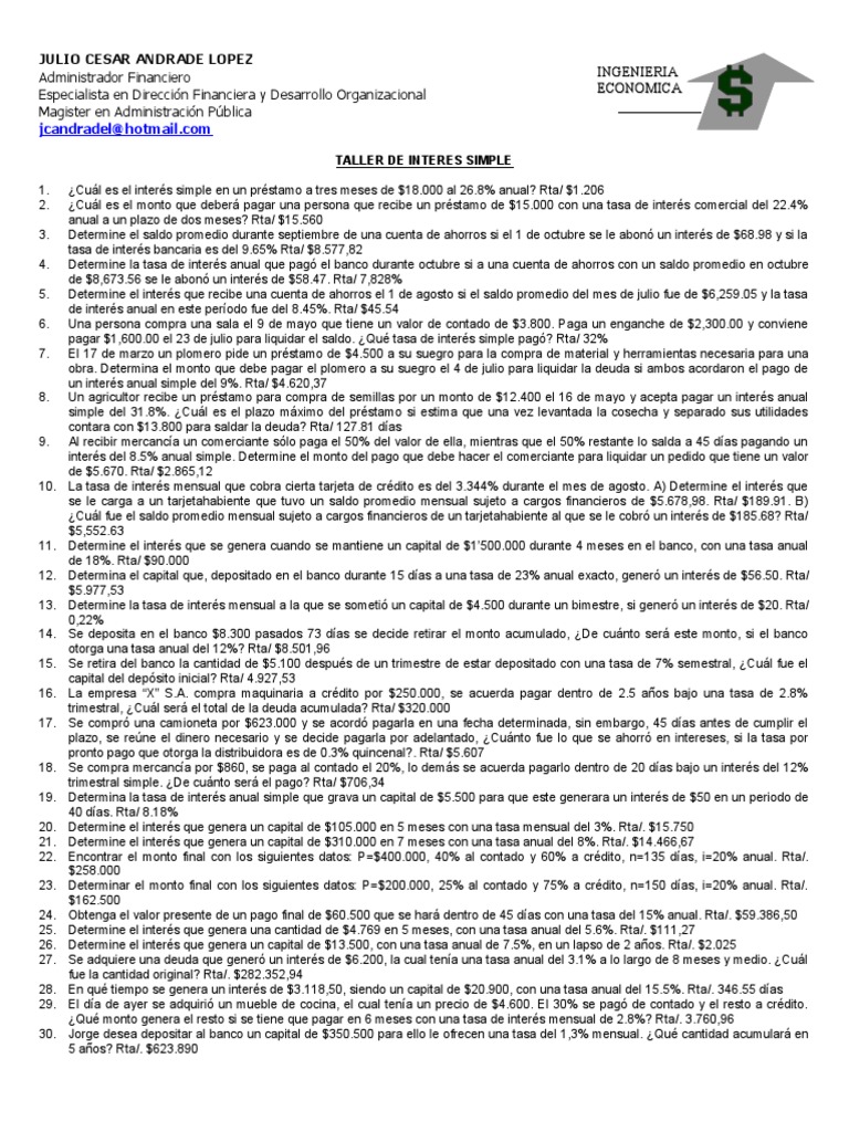 Taller Interes Simple | PDF | Interés | Tasas de interés