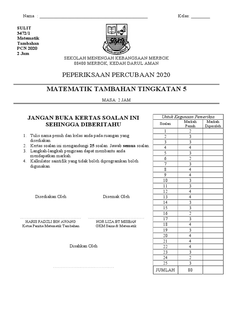 Kedah Merbok Add Math K1 Dan Skema K1 Serta K2 Trial SPM 2020 | PDF