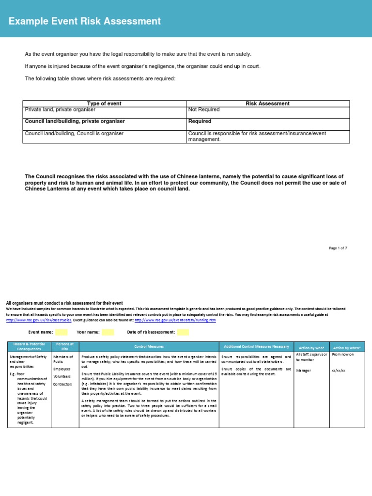 1.2 Example Event Risk Assessment | PDF | Risk Assessment | Fire Safety
