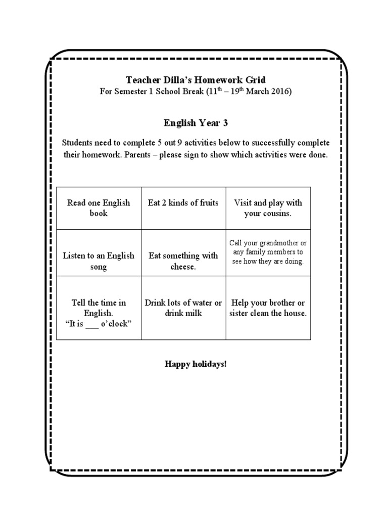 Year 3 English Homework Grid | PDF