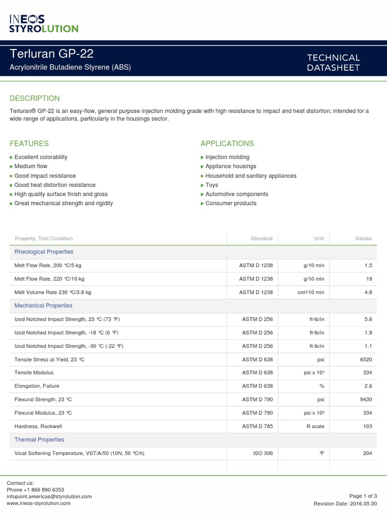Terluran GP-22: Acrylonitrile Butadiene Styrene (ABS) | PDF | Strength ...