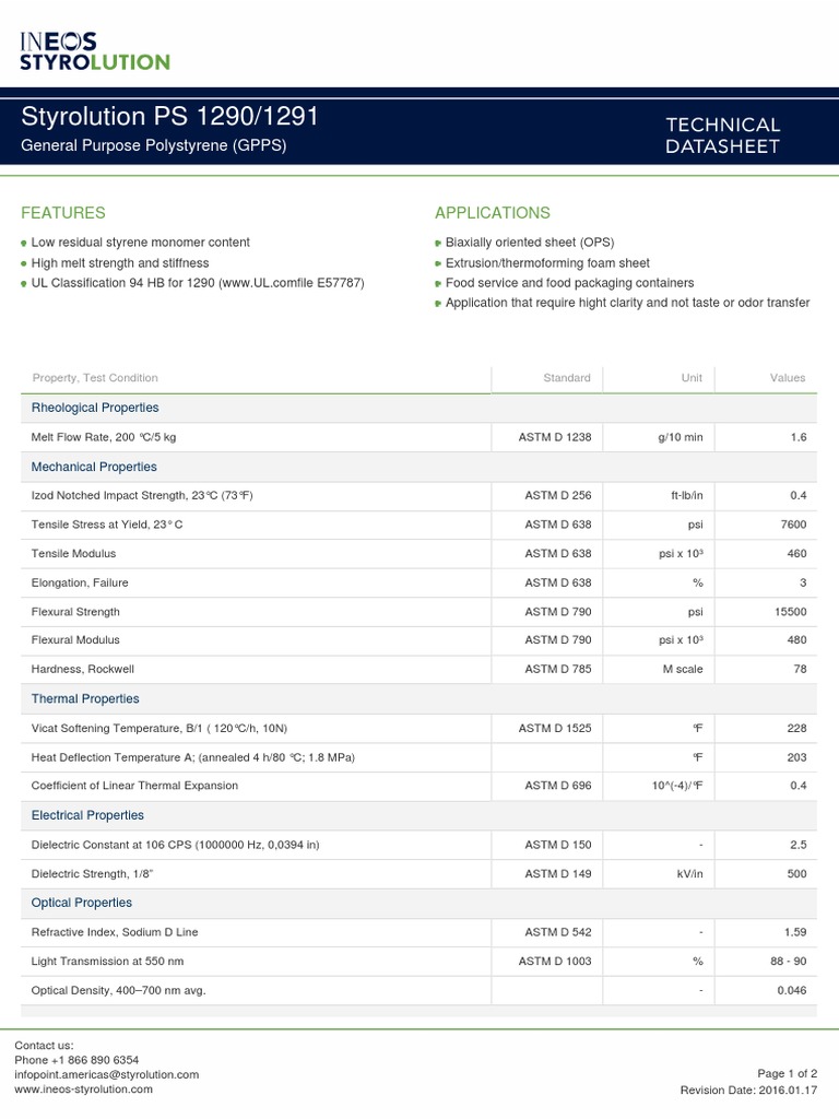 Styrolution PS 1290/1291: General Purpose Polystyrene (GPPS) | PDF ...