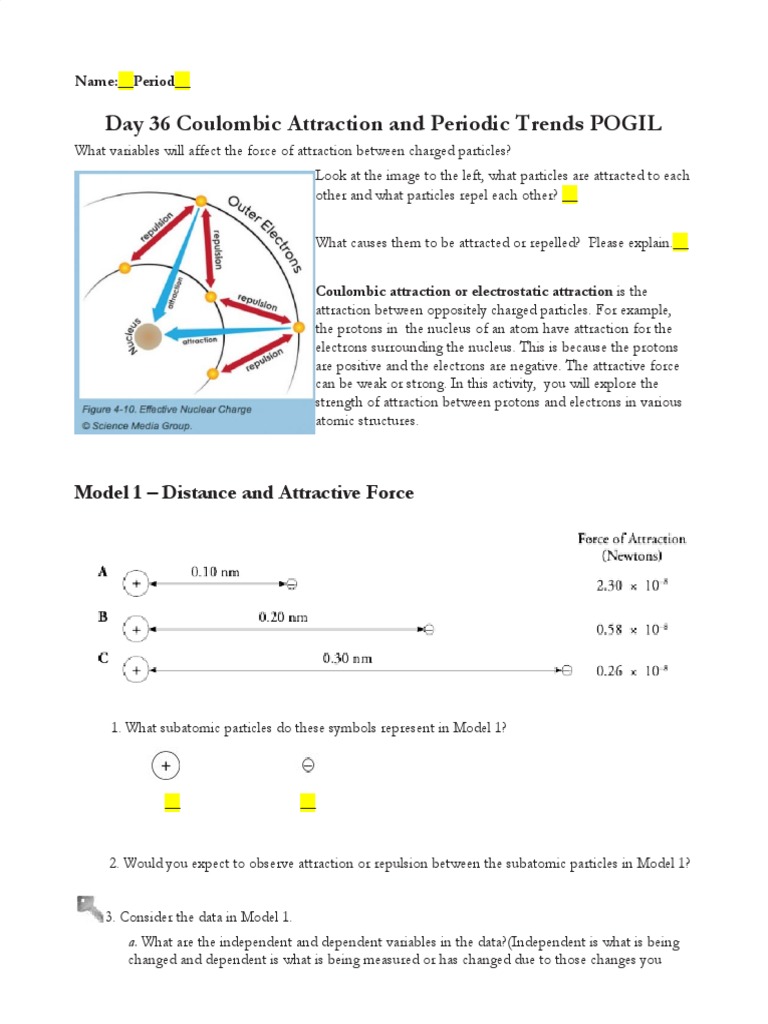 Day 36 Coulombic Attraction and Periodic Trends POGIL | PDF | Atoms ...
