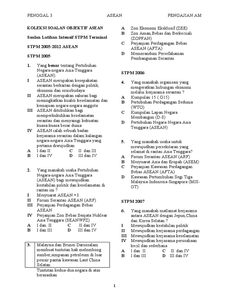 Koleksi Soalan Objektif Asean BHG 1 | PDF