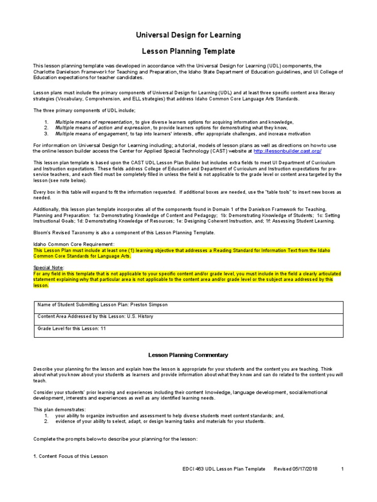 Edci 463 Udl Lesson Plan Template Ps | PDF | Lesson Plan | Reading ...