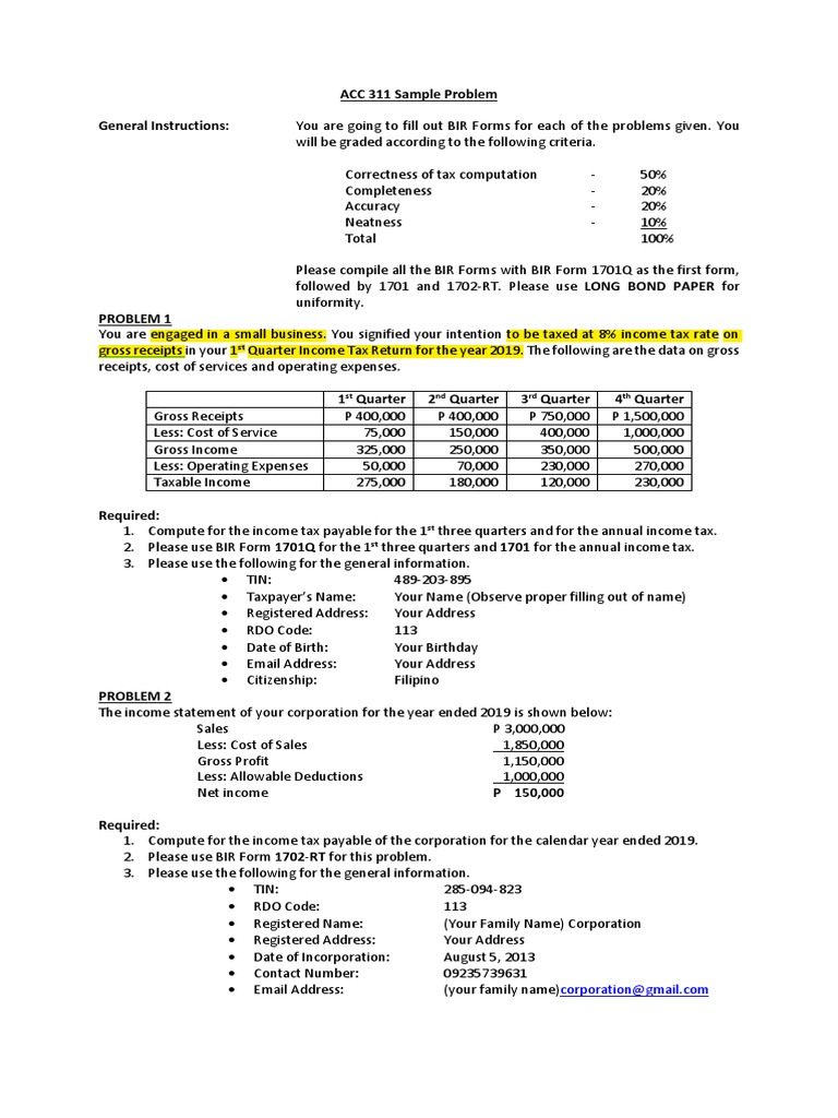 ACC 311 Sample Problem General Instructions:: ST ND RD TH | PDF ...