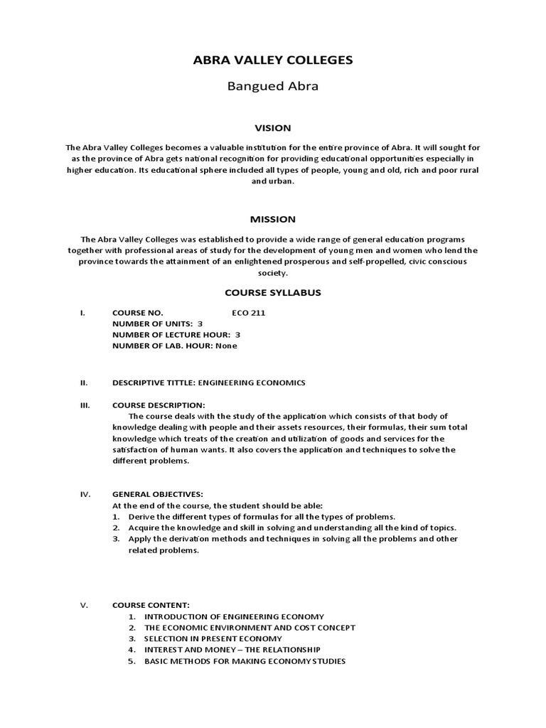 Engineering Economics Course Syllabus | PDF | Economies | Cognition