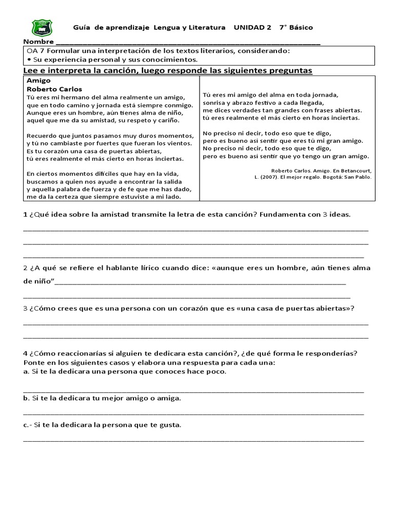 Guía de Aprendizaje Lengua y Literatura 7 Unidad2 | PDF