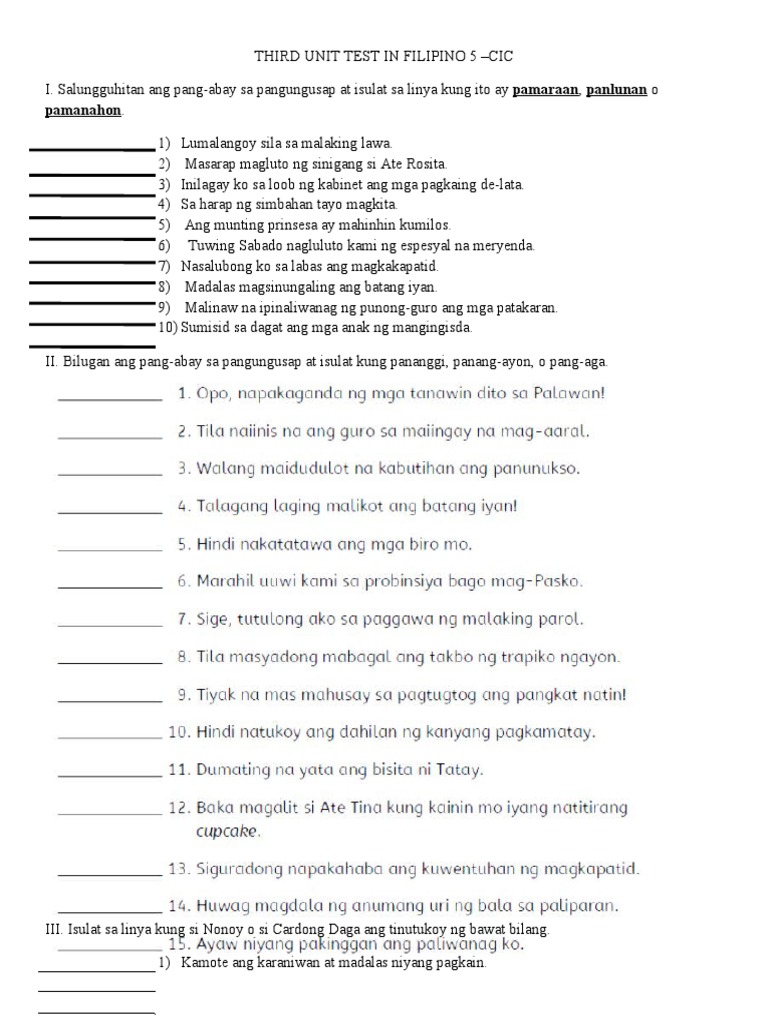 Third Unit Test in Filipino 5 | PDF