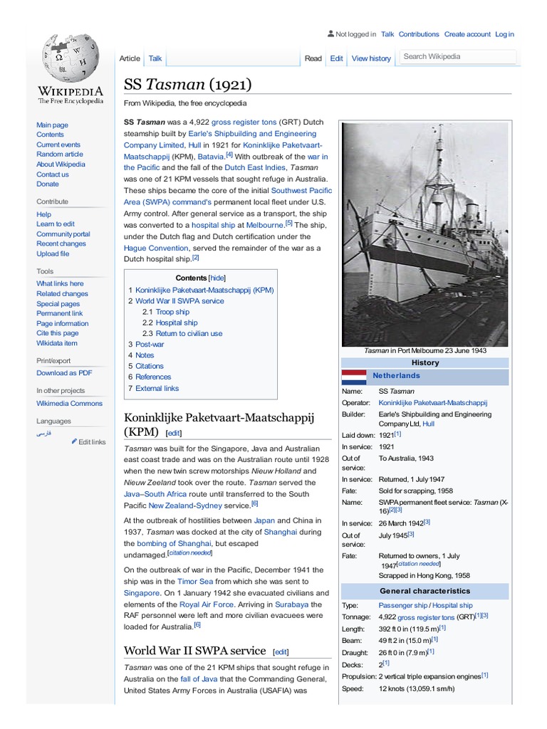 SS Tasman (1921) : Koninklijke Paketvaart-Maatschappij (KPM) | PDF ...