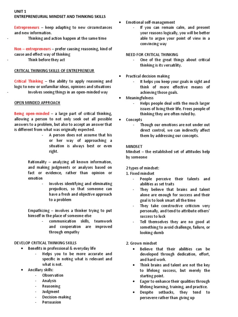 Entrepreneurs: Unit 1 Entrepreneurial Mindset and Thinking Skills | PDF ...
