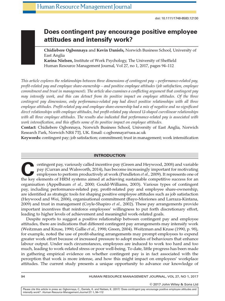 Does Contingent Pay Encourage Positive Employee Attitudes and Intensify ...