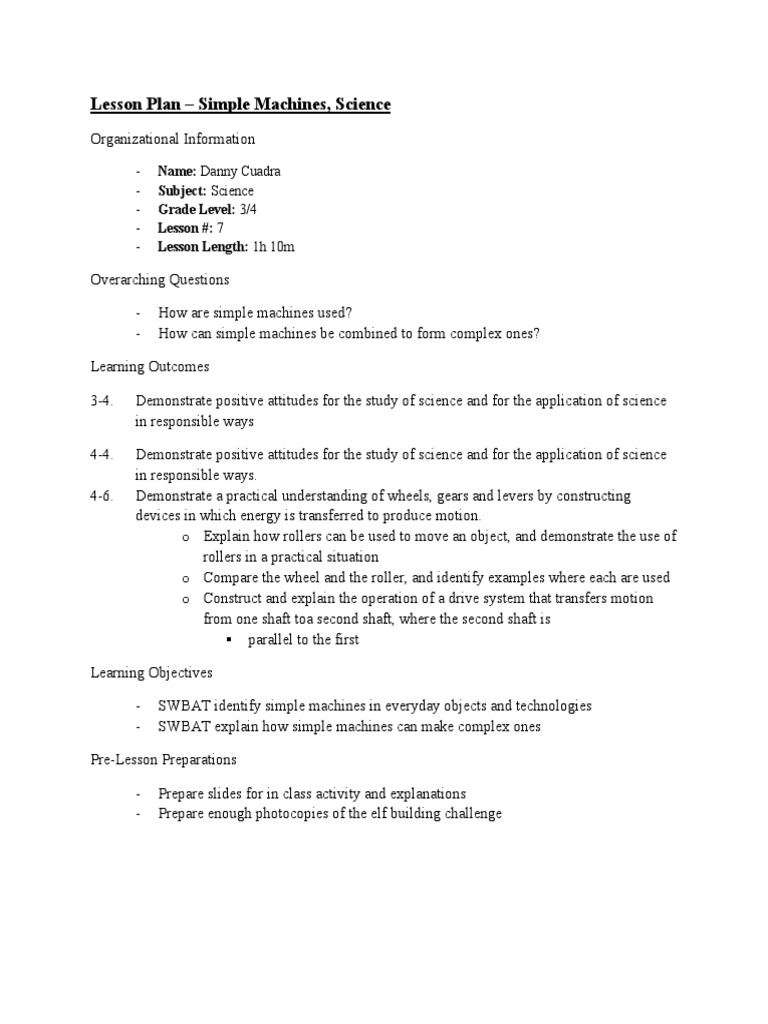 Lesson Plan - Simple Machines, Science | PDF | Machines | Axle