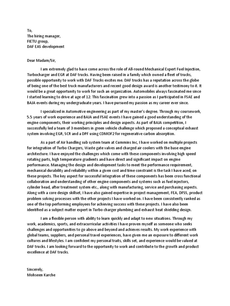 Mohseen Karche - Coverletter | PDF | Turbocharger | Expert